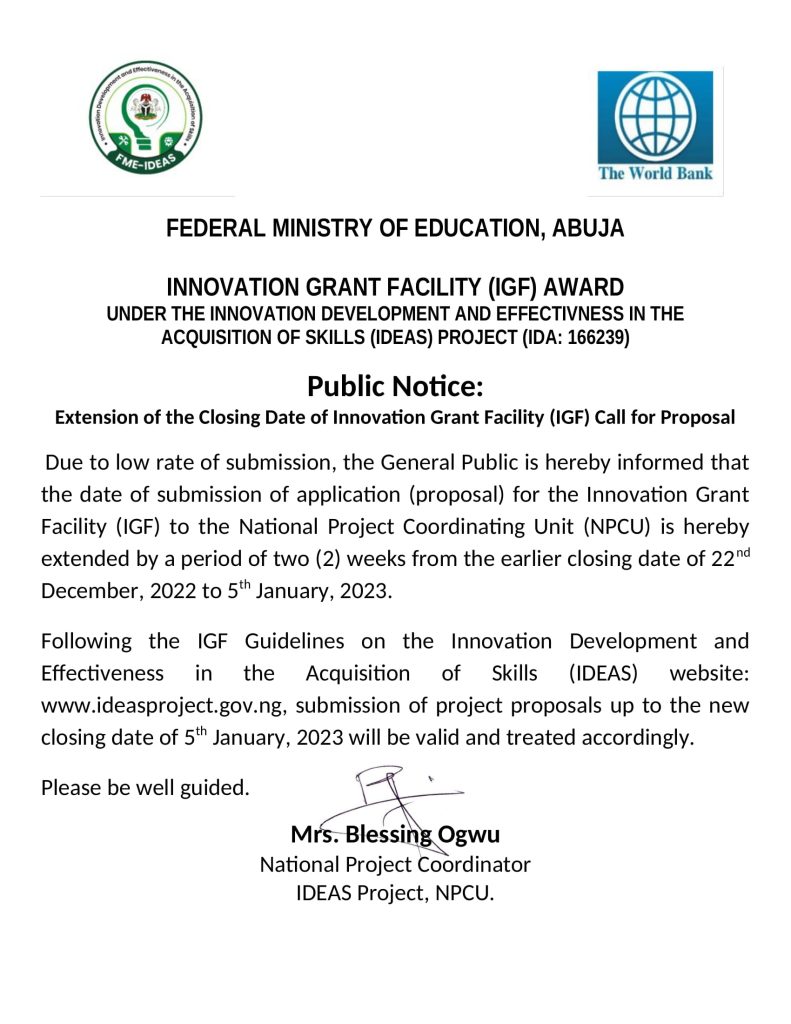 Innovation Grant Facility (IGF) Extension – IDEAS Project Nigeria