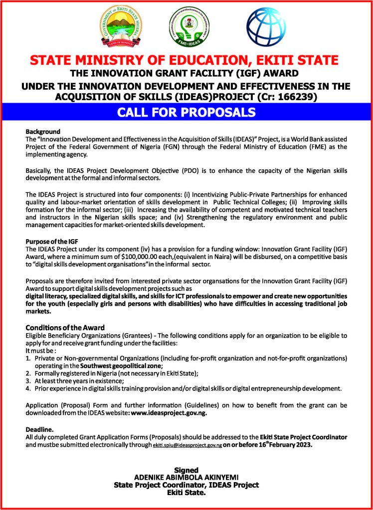 Ekiti SPIU Innovation Grant Call for Proposal – IDEAS Project Nigeria